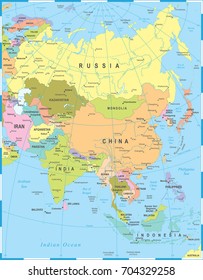 Vektor Stok Asia Political Map Capitals National Borders (Tanpa Royalti ...