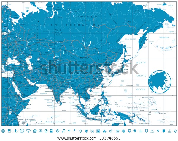 Asia Road Map Highways Rivers Lakes Stock Vector (Royalty Free ...