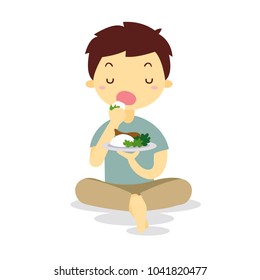 Asian Boy Eating Rice Using Hand Stock Vector (Royalty Free) 1041820477 ...