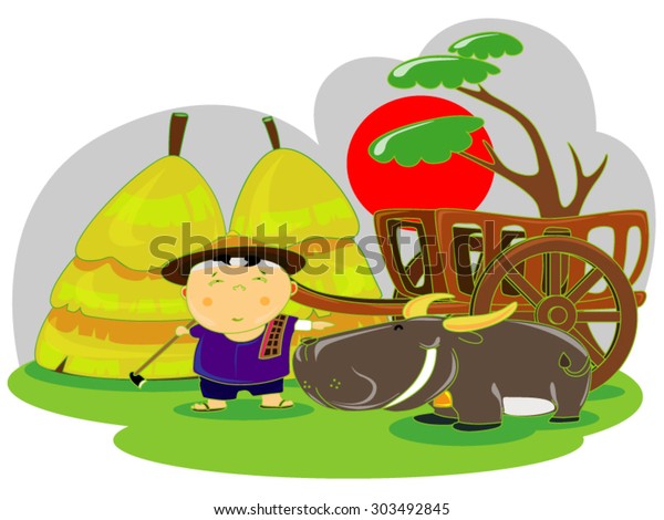 Asian Farmer Cartoon Illustration & Vector