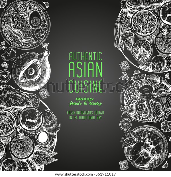 Asian food frame. Menu design template with ramen, odori-don , shrimps ...