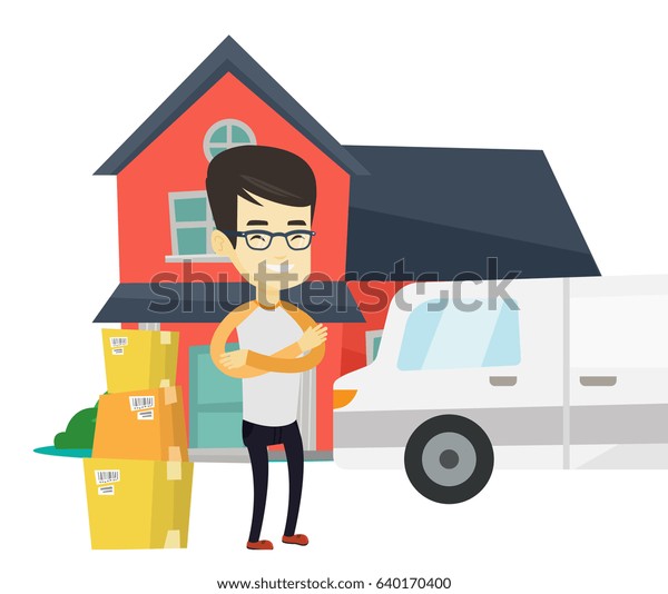 Asian Homeowner Unloading Boxes Homeowner Standing Stock Vector ...