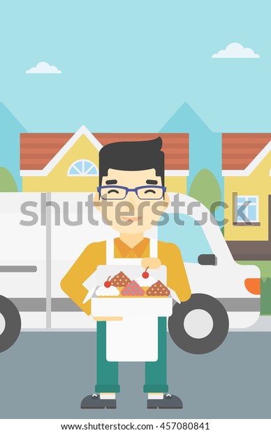 Asian Smiling Baker Holding Box Cakes Stock Vector (Royalty Free ...
