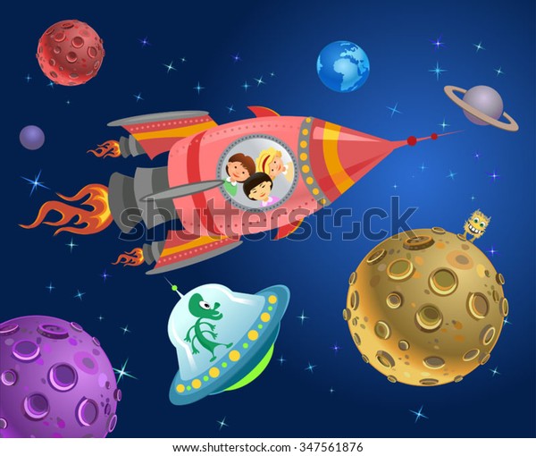 Astronaut kids on the rocket in space expedition.
