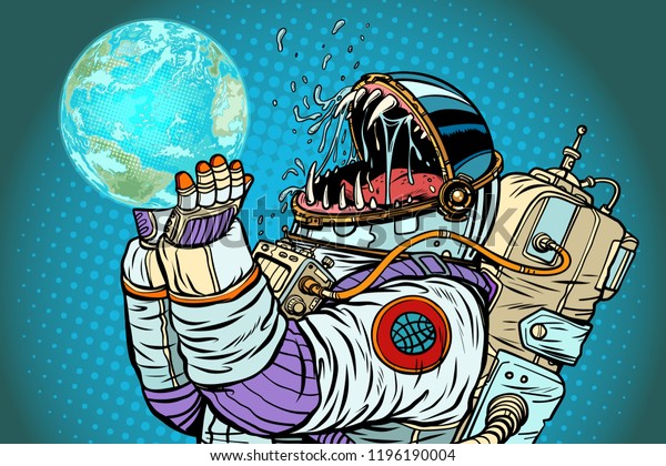 Astronaut Monster Eats Earth Planet Greed Stock Vector (Royalty Free ...