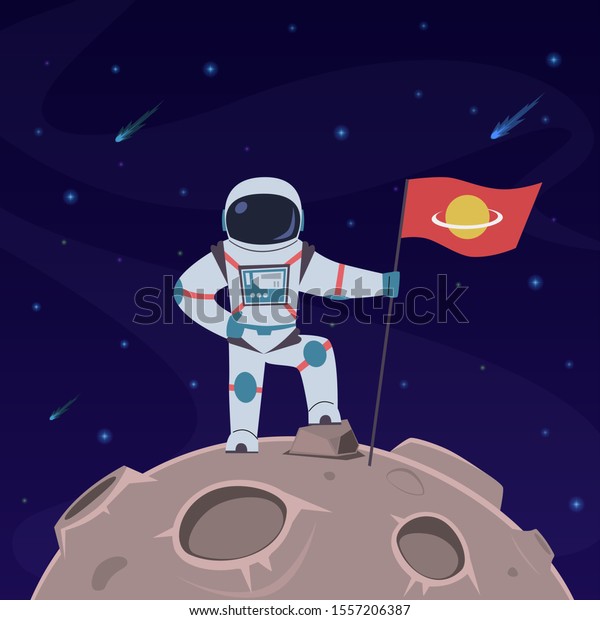 Astronaut on moon. Spaceman with flag in spacesuit explores moon ...