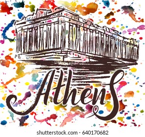 Athens Label Hand Drawn Acropolis Athens Stock Vector (Royalty Free ...