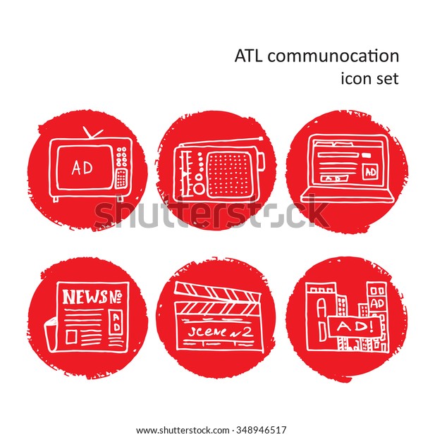 ATL Communication in advertisement hand made icon set. Round rough edge ...