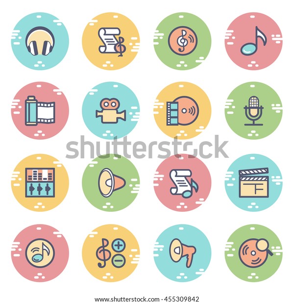 Audio video icons. Contour lines with color fills. Flat design.