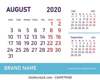 August 2020 Calendar Design Vector Template Stock Vector (Royalty Free ...