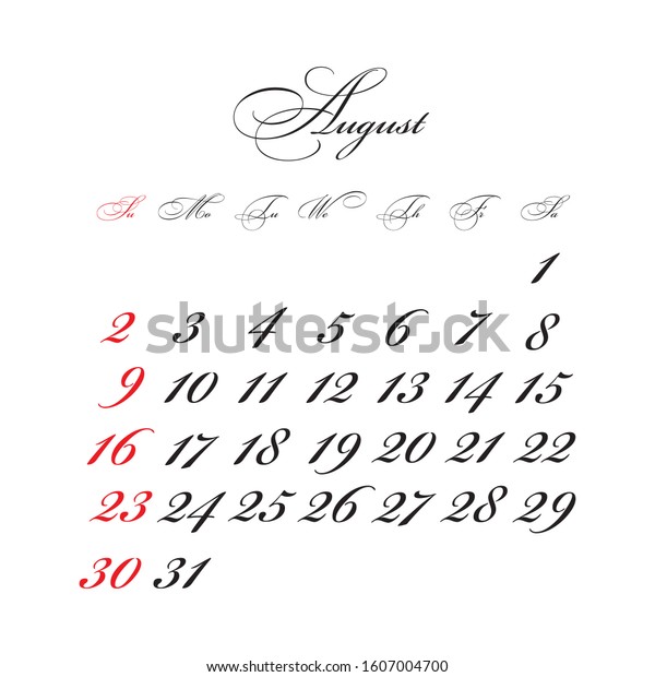 August 2020 Calendar Vector Calligraphic Font Stock Vector (Royalty ...