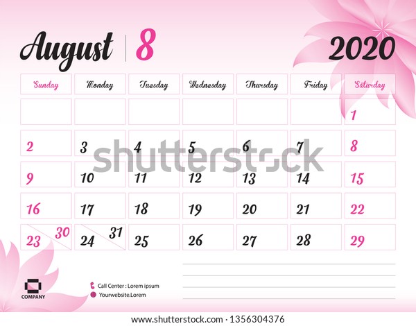 August 2020 Year Template Calendar 2020 Stock Vector (Royalty Free ...