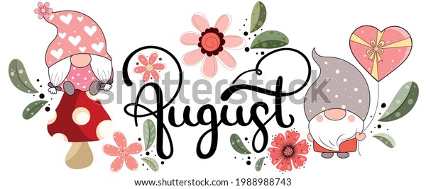 August Month Vector Flowers Gnomes Leaves Stock Vector (Royalty Free ...