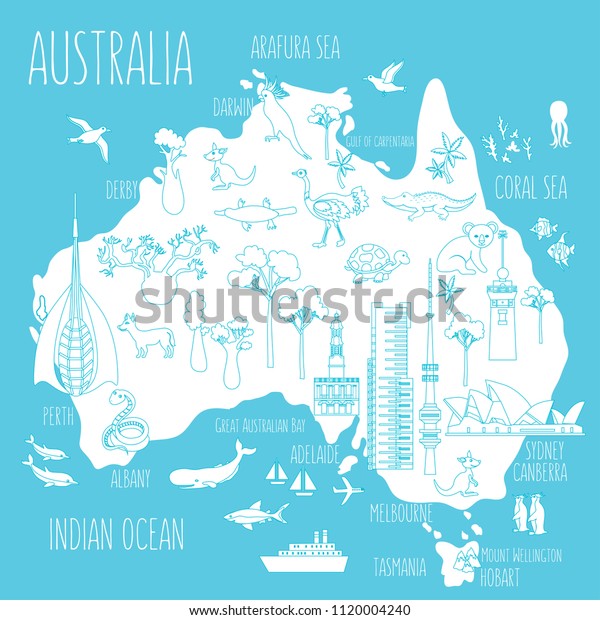 Australia Cartoon Travel Map Vector Illustrationlandmark Stock Vector ...