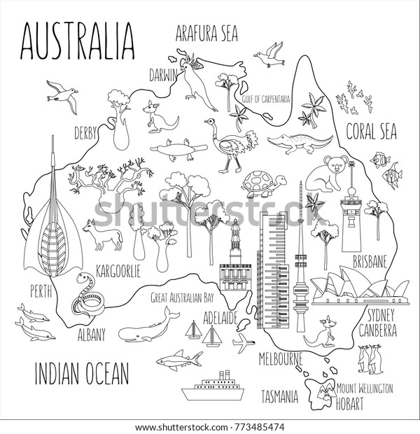 Australia Cartoon Travel Map Vector Illustrationlandmark Stock Vector ...