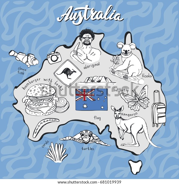 Australia Travel Doodles Map Backgroundhand Drawn Stock Vector (Royalty ...