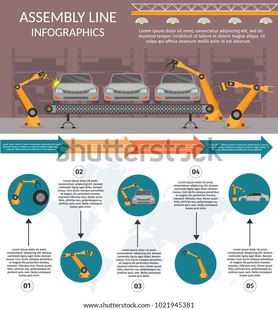 Automation abstract robotic assembly line car set flat isolated vector ...