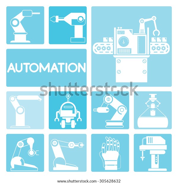 Automation Icons Robot Icons Blue Theme 스톡 벡터(로열티 프리) 305628632 ...