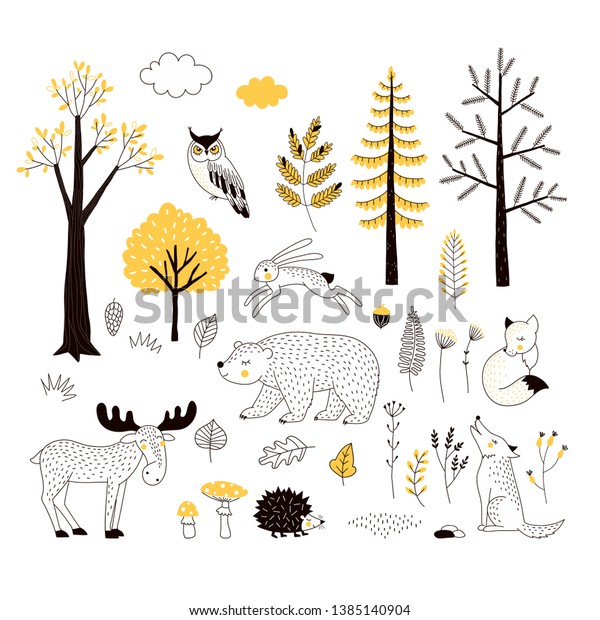Autumn Forest Flat Hand Drawn Illustrations Stock Vector (Royalty Free ...