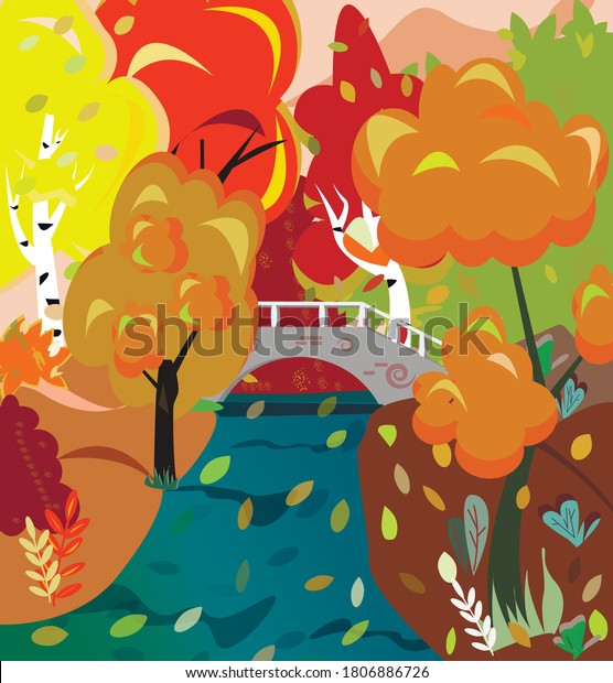 Autumn Nature Forest River Bridge Vector Stock Vector (Royalty Free ...