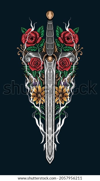 Awesome Hand Drawn Sword Roses Illustration Stock Vector (Royalty Free ...