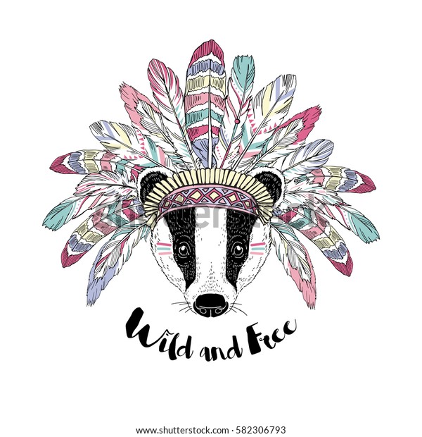 Aztec Badger War Bonnet Animal Illustration: เวกเตอร์สต็อก (ปลอดค่า ...