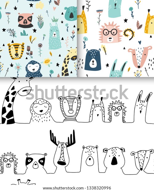 Baby Animals Seamless Patterns Collection Set Stock Vector (Royalty ...