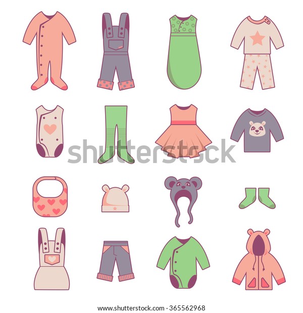 Baby cloth icons set, vector kids dress, isolated on white