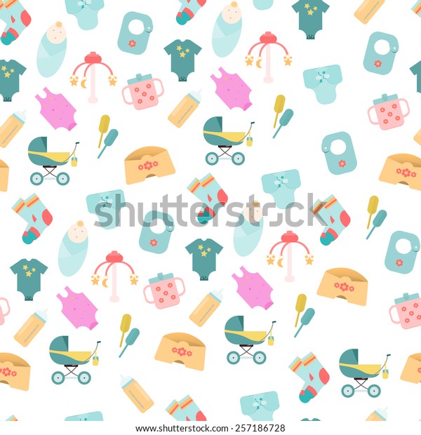 Baby goods. Pattern of baby goods icons. Children flat icons. Flat ...