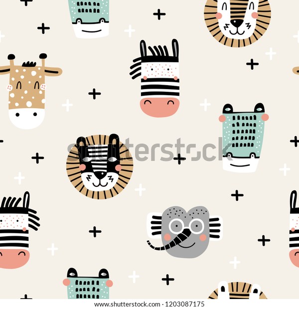 Baby Seamless Pattern Hand Drawn Animals Stock Vector (Royalty Free ...