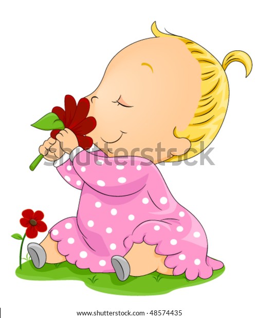 Baby Smelling Flower Vector Stock Vector (Royalty Free) 48574435