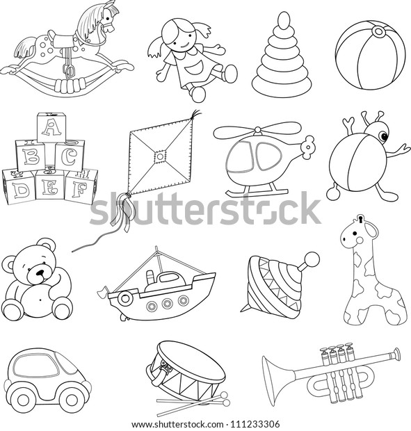 Jouets de bébé. Livre de coloriage. : image vectorielle de stock (libre ...