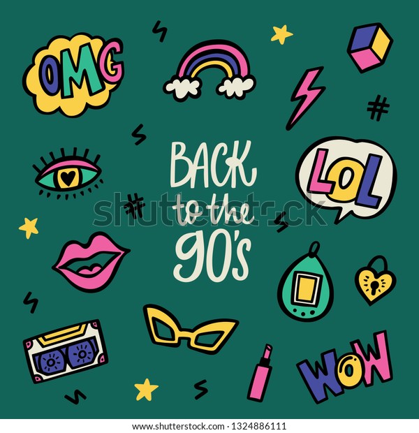 Back 90s Lettering Doodle Sticker Set Stock Vector (Royalty Free ...