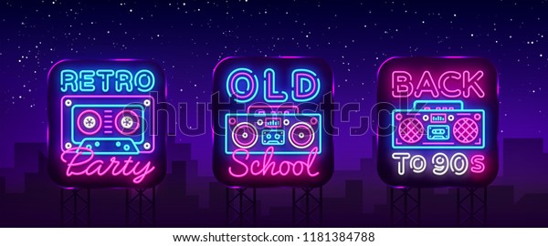 Back 90s Neon Poster Collection Card Stock Vector (Royalty Free) 1181384788