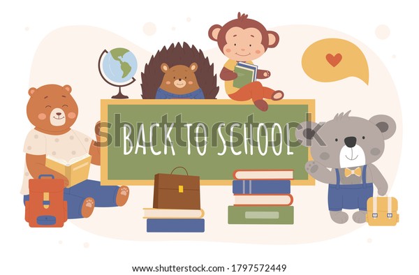 Back to school vector illustration. Cartoon flat animal characters ...