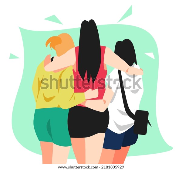 Back View Illustration Three Girls Hugging: เวกเตอร์สต็อก (ปลอดค่า ...