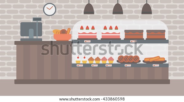 Background of bakery. Bakery shop interior. Bakery counter full of ...