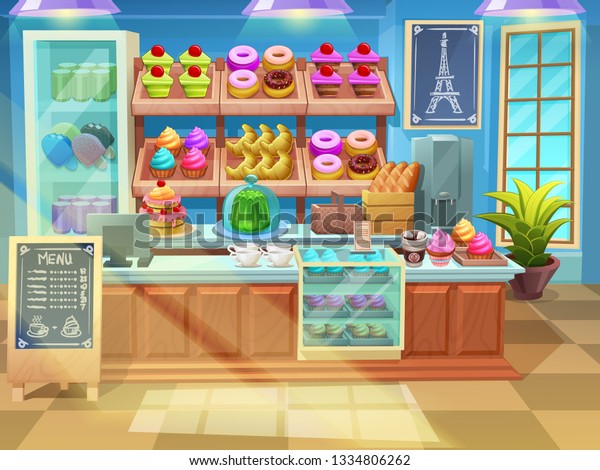 Background bakery shop interior. Cute sweets shop showcase in cartoon ...