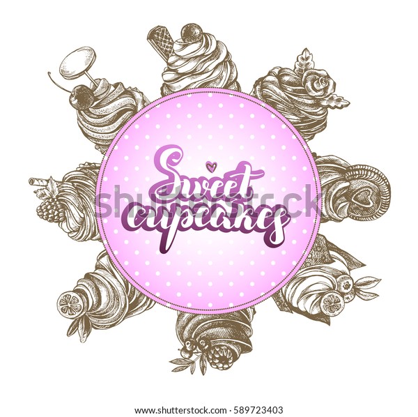 Background Cupcakes Brush Calligraphy Style Lettering Stock Vector ...
