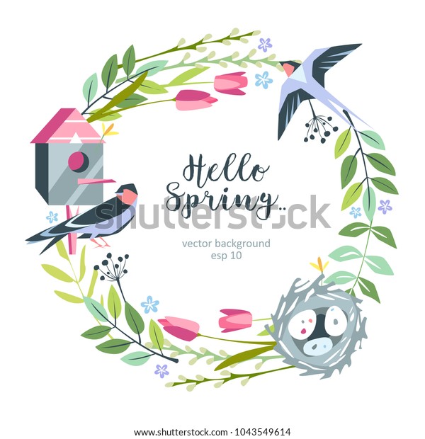 Background Hello Spring Summer Floral Birdhouse Stock Vector (Royalty ...