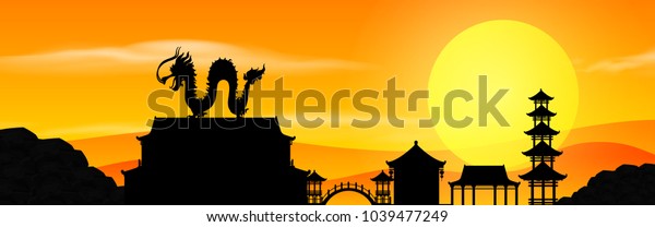 Background Scene Chinese Temple Sunset Illustration Stock Vector ...