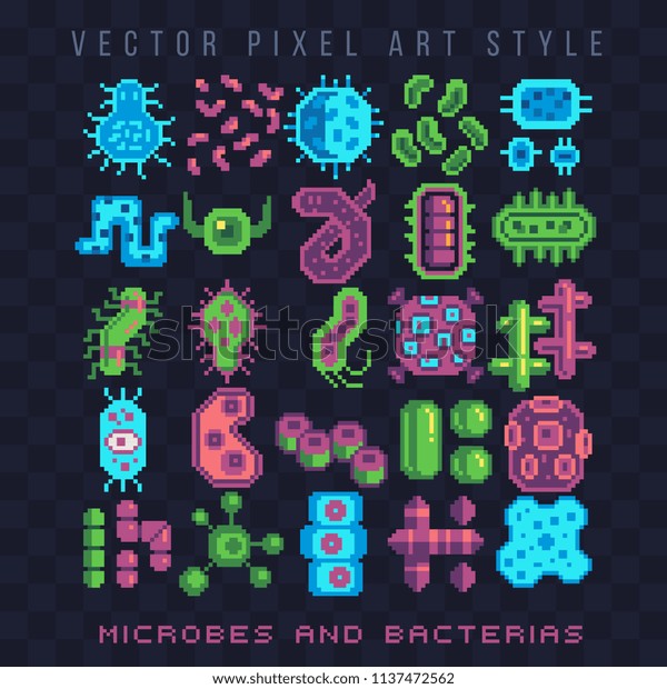 Bacteria Microbe Pixel Art Icons Set Stok Vektör (Telifsiz) 1137472562