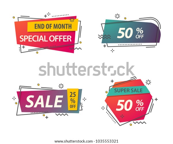 Badges or labels with geometric shapes for retail, linear voucher for ...