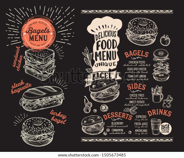 Bagel and sandwich menu template for restaurant on a blackboard ...