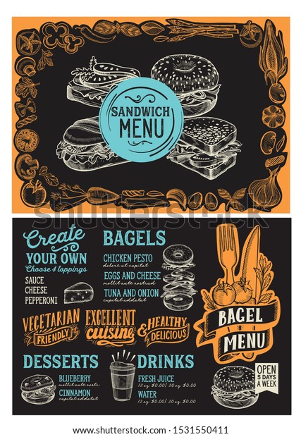 Vektor Stok Bagel Sandwich Menu Template Restaurant On (Tanpa Royalti ...