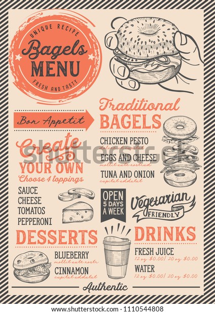 Bagels restaurant menu. Vector sandwich food flyer for bar and cafe ...