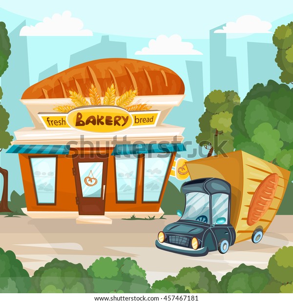 Bakery shop cartoon fresh bread store facade building vector
