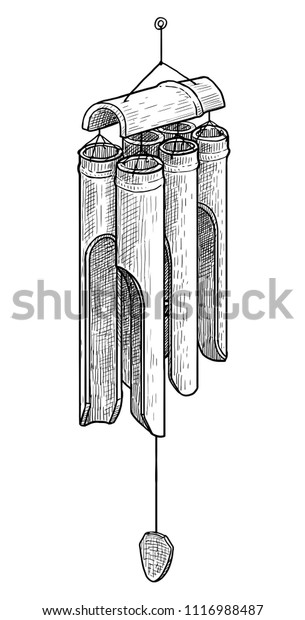 Bamboo wind chimes illustration, drawing, engraving, ink, line art, vector