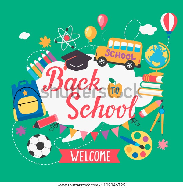 Banner welcome Back To School With lettering and different Flat Icons ...