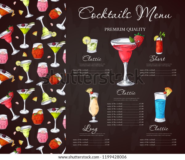 Bar menu design. Template for cocktail drinks. Brochure with hand drawn ...